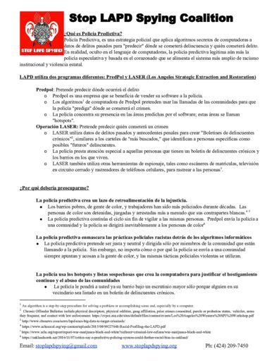 Predictive Policing Fact Sheet Spanish Stop Lapd Spying Coalition Archive