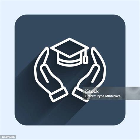 긴 그림자 배경으로 격리 된 화이트 라인 교육 보조금 아이콘 수업료 재정 교육 예산 기금 장학금 프로그램 졸업 모자 파란색