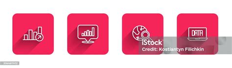 세트 라인 재무 성장 파이 차트 인포 그래픽 검색 글로브 및 긴 그림자가있는 데이터 분석 빨간색 사각형 버튼입니다 벡터 0명에