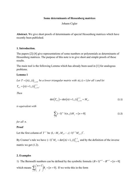 pdf some determinants of hessenberg matrices