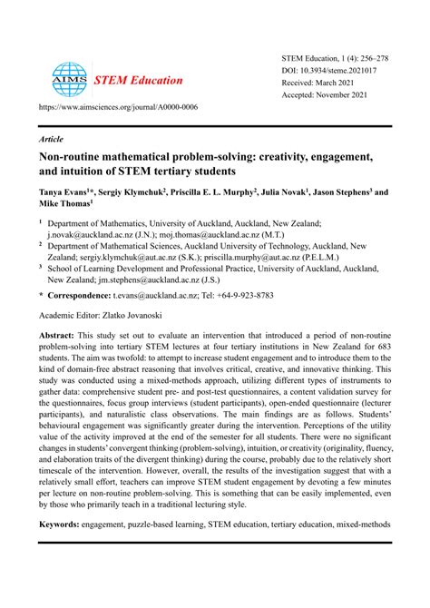 pdf non routine mathematical problem solving creativity engagement
