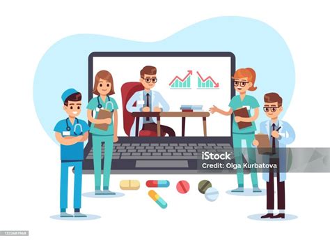 의료 컨퍼런스 화상 통화 의사와 원격 온라인 통신 환자를 위한 웹 상담 병원 근로자 가상 상호 작용 인터넷 원격 회의 벡터 의학 병원에 대한 스톡 벡터 아트 및 기타 이미지