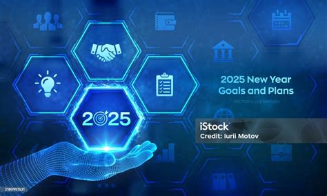 2025 새해 목표 및 계획 아이콘 와이어 프레임 손에 사업 계획 및 전략 2025년 목표 달성 및 성공 결의안 계획 행동 체크리스트 개념 벡터 일러스트 레이 션 2025
