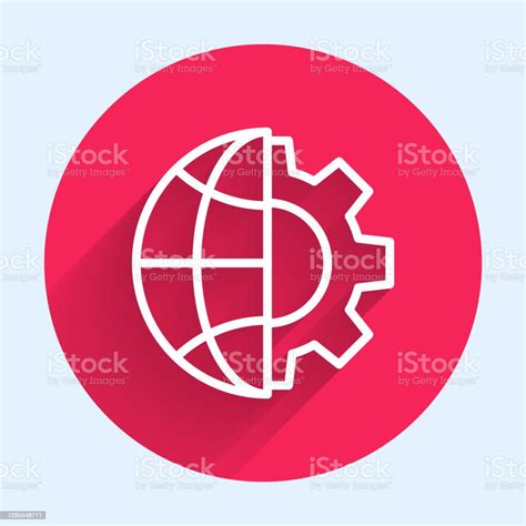 긴 그림자로 고립 된 지구의 화이트 라인 글로브와 기어 또는 코그 아이콘 매개 변수 설정 글로벌 옵션 빨간색 원 버튼입니다 벡터