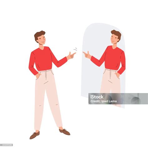 거울을 바라보며 그의 반성에 대한 지지와 이해의 손 짓을 보여주는 남자 남자는 자신의 미러링에 긍정적 인 메시지를 표현한다 자기 사랑과 수용의 개념 플랫 일러스트레이션