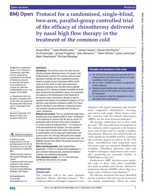 Pdf Protocol For A Randomised Single Blind Two Arm Parallel Group Controlled Trial Of The