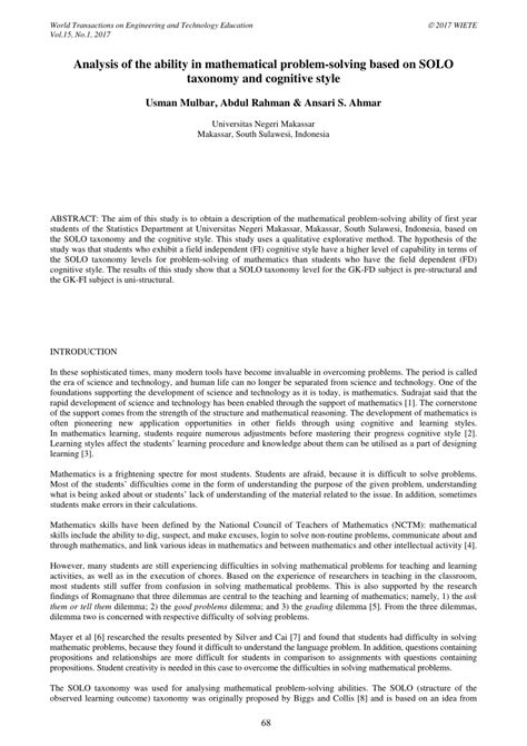 Pdf Analysis Of The Ability In Mathematical Problem Solving Based On Solo Taxonomy And