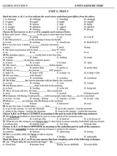 Unit 1 Practice Test 3 Pdf Hobbies Leisure