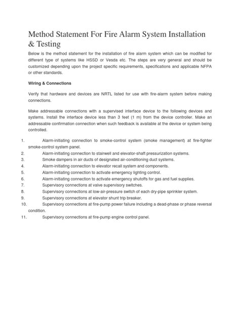 Method Statement For Fire Alarm System Installation Testing And Commissioning Pdf Electric