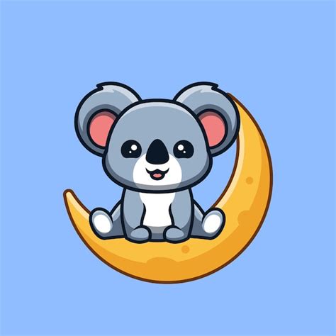 달에 앉아 있는 코알라 귀여운 크리에이 티브 가와이이 만화 마스코트 로고 프리미엄 벡터