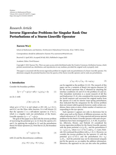 Pdf Inverse Eigenvalue Problems For Singular Rank One Perturbations Of A Sturm Liouville Operator