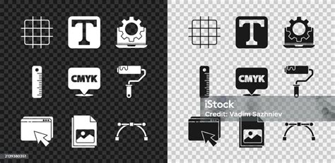 그리드 그래프 용지 텍스트 노트북 및 기어 웹 디자인 개발 그림 풍경 베 지어 곡선 눈금자 및 텍스트 Cmyk 아이콘이있는