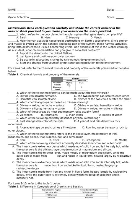 ELS Diagnostic Test NAME Date Grade Section Score Instructions Read Each Question Studocu