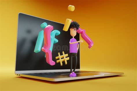 A Cartoon Character With Elements Of Programming Code Is Standing On A
