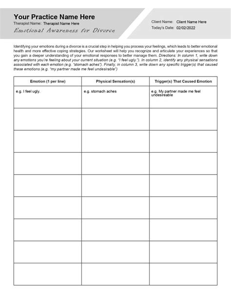 Emotional Awareness For Divorce Worksheet Pdf