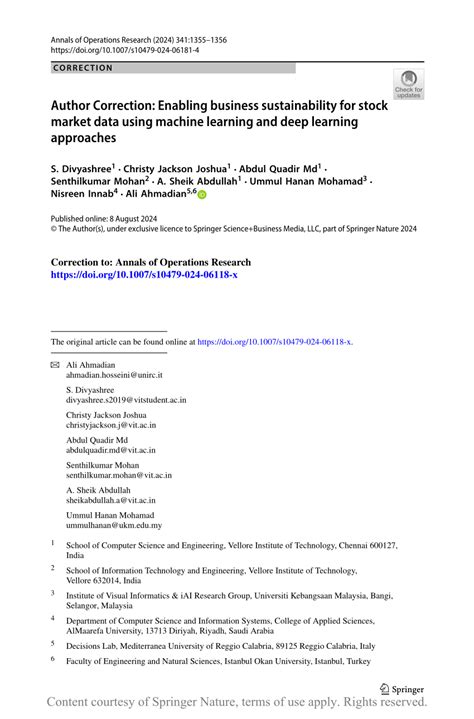 Author Correction Enabling Business Sustainability For Stock Market Data Using Machine Learning
