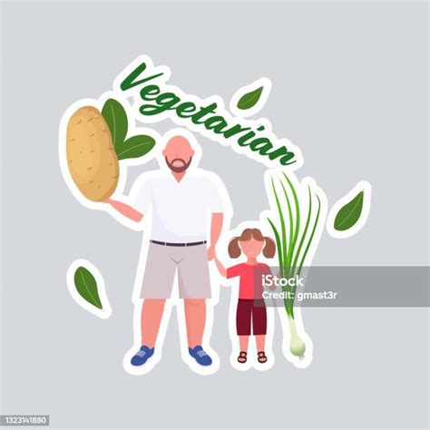 아버지와 딸 들고 감자 양파 야채 건강 한 라이프 스타일 채식 주의 신선한 생 식품 채식 주의 개념 전체 길이 가족에 대한 스톡 벡터 아트 및 기타 이미지 Istock
