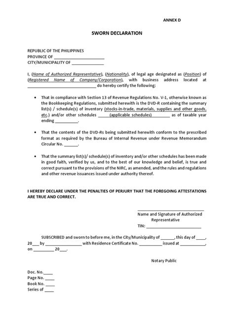 Printable Sample Sworn Declaration Form