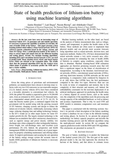 State Of Health Prediction Of Lithium Ion Battery Using Machine