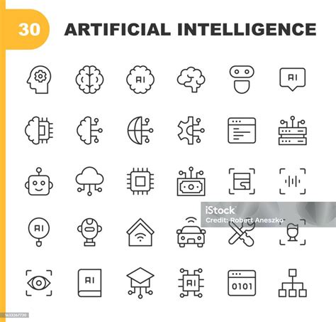 인공 지능 라인 아이콘 편집 가능한 획 완벽한 픽셀 모바일 및 웹용 Ai 뇌 칩 코딩 데이터 엔지니어링 생성 예술 Gpu 기계 기계 학습 신경망 프로세서 프로그래밍 로봇과