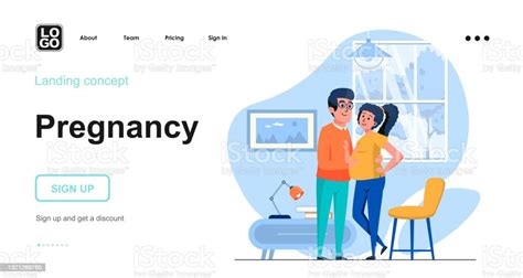 임신 웹 개념 어린 가족은 자녀 가족 모성 및 임신의 출산을 기대합니다 사용자 장면의 템플릿입니다 웹 사이트에 대한 평면 디자인에서 캐릭터 활동이있는 벡터 일러스트레이션