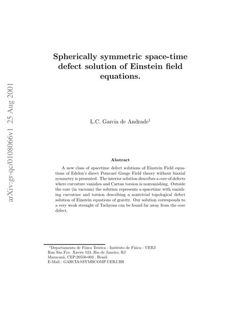 Pdf Spherically Symmetric Weitzenb O Ck Defect Solution Of Einstein