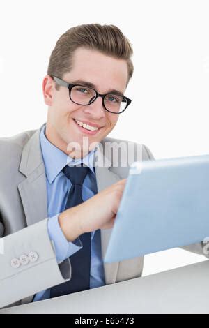 Nerdy Businessman Using His Tablet Pc Stock Photo Alamy