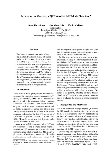 Pdf Estimation Vs Metrics Is Qe Useful For Mt Model Selection