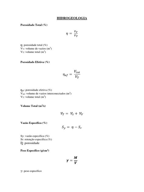 Fã Rmulas Hidrogeologia Pdf Metrologia Quantidades Físicas