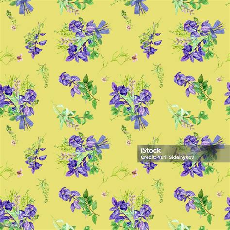 매운 허브 수채화 그림 월계수 민트 보라색 바질 타라곤 백리향 민트 세이지가 녹색 배경에 있습니다 메뉴 디자인 주방 직물 이탈리아 프랑스 요리의 향기로운 향신료 0명에 대한