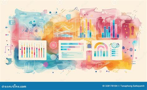A Vibrant Watercolor Illustration Depicting A Data Visualization Dashboard With Various Charts