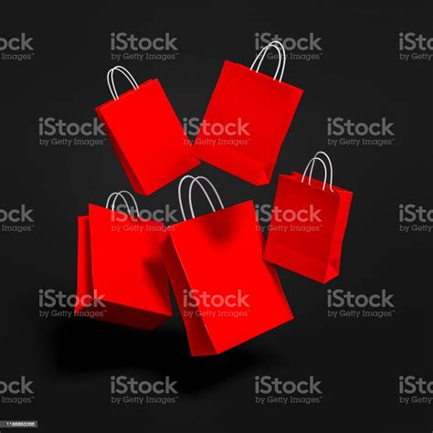 빨간색 쇼핑 백 그룹 검은 색 배경 3d 렌더링에 떠있는 0명에 대한 스톡 사진 및 기타 이미지 0명 11월 3차원 형태 Istock