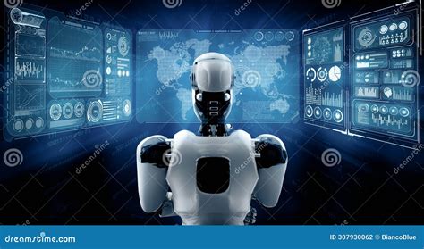 Xai Thinking Ai Humanoid Robot Analyzing Hologram Screen Showing Concept Big Data Stock