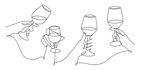 Hands Hold Wine Clinking Glasses One Line Artcontinuous Drawing