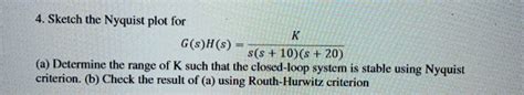 Solved Sketch The Nyquist Plot For K G S H S S 2 10s 20 A Determine The Range Of K