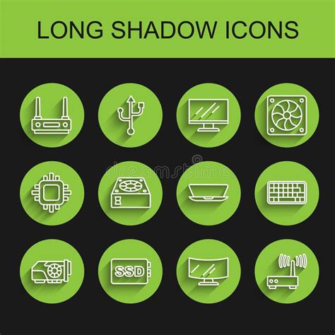 Set Line Video Graphic Card Ssd Router And Wi Fi Signal Computer Monitor Screen Cooler