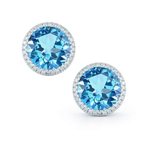 Round Cut Blue Topaz And 017ctw Diamond Earrings 14ct Whi