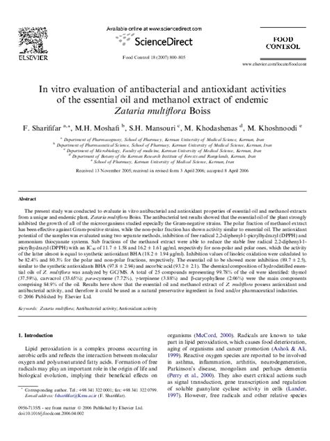 Pdf In Vitro Evaluation Of Antibacterial And Antioxidant Activities Of The Essential Oil And