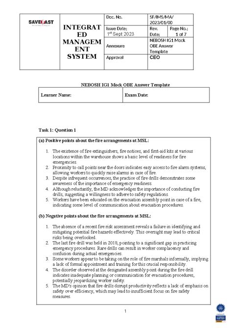 Nebosh Ig1 Mock Obe Answer Template Integrat Ed Managem Ent System 2023 01 Issue Date 1 St