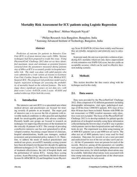 Pdf Mortality Risk Assessment For Icu Patients Using Logistic Regression