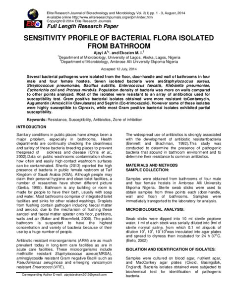 Pdf Sensitivity Profile Of Bacterial Flora Isolated From Bathroom