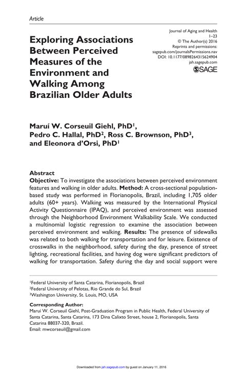 Pdf Exploring Associations Between Perceived Measures Of The Environment And Walking Among