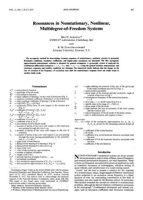 Pdf Resonances In Nonstationary Nonlinear Multidegree Of Freedom Systems