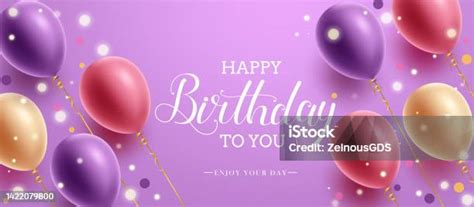 생일 인사말 벡터 배경 디자인 생일 축하합니다 당신에게 텍스트와 화려한 비행 풍선 요소 출생 날 메시지를위한 보라색 공간에 생일에 대한 스톡 벡터 아트 및 기타 이미지
