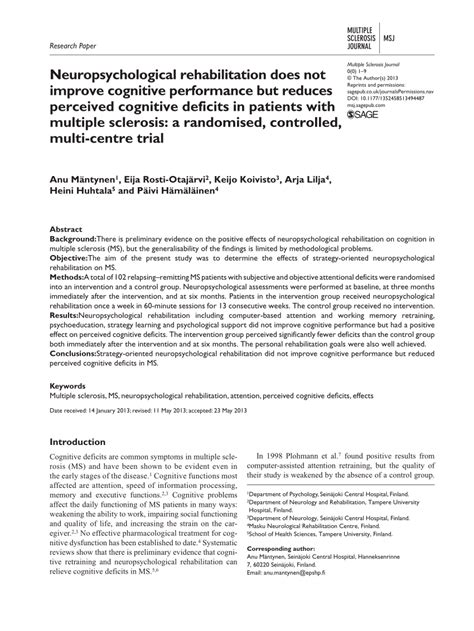 Pdf Neuropsychological Rehabilitation Does Not Improve Cognitive
