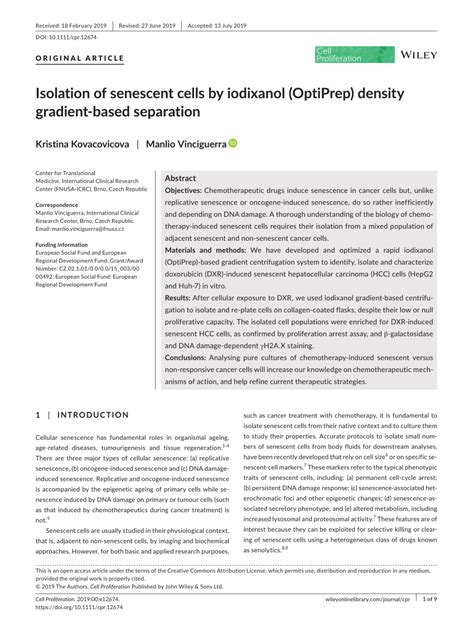 Pdf Isolation Of Senescent Cells By Iodixanol Optiprep Density