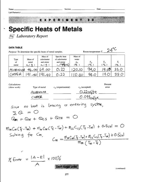 Solved Section Date Name Lab Partners Experiment Specific