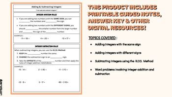 Adding And Subtracting Integers PRINTABLE GUIDED NOTES TPT