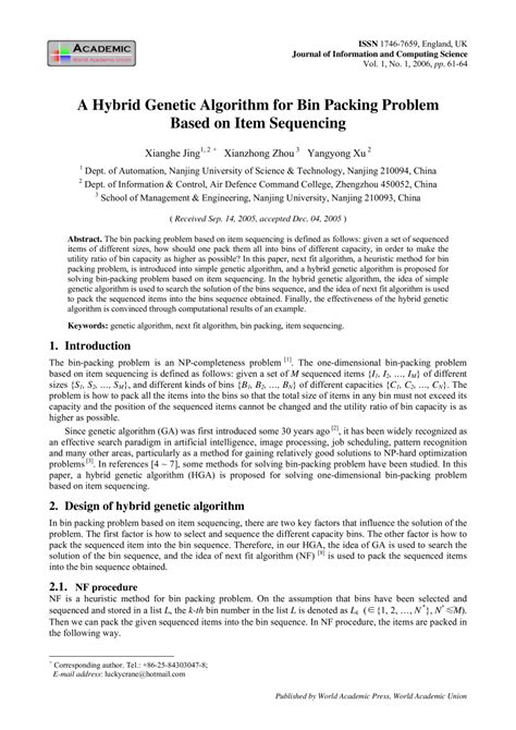 Global Science Press A Hybrid Genetic Algorithm For Bin Packing Problem Based On Item Sequencing