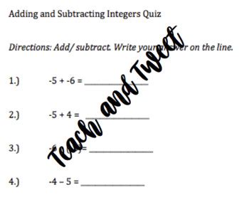 Adding And Subtracting Integers Quiz By Teach And Tweet TPT